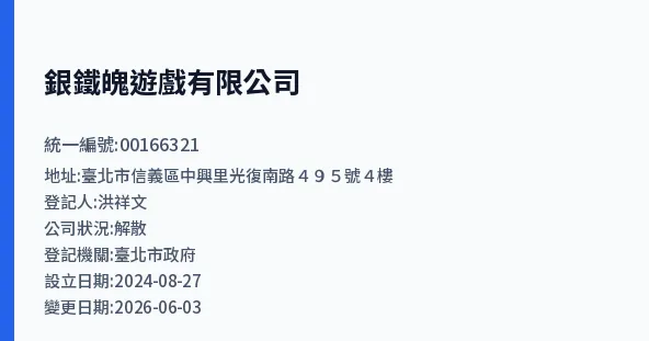 銀鐵魄遊戲有限公司的照片-統編 00166321(臺北市) 公司登記資料與營業項目詳細圖表