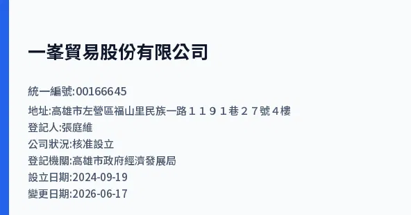 一峯貿易股份有限公司的照片-統編 00166645(高雄市) 公司登記資料與營業項目詳細圖表