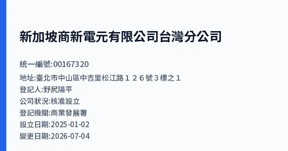 新加坡商新電元有限公司台灣分公司的照片-統編 00167320(臺北市) 公司登記資料與營業項目詳細圖表