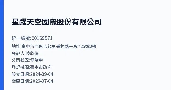 星躍天空國際股份有限公司的照片-統編 00169571(臺中市) 公司登記資料與營業項目詳細圖表