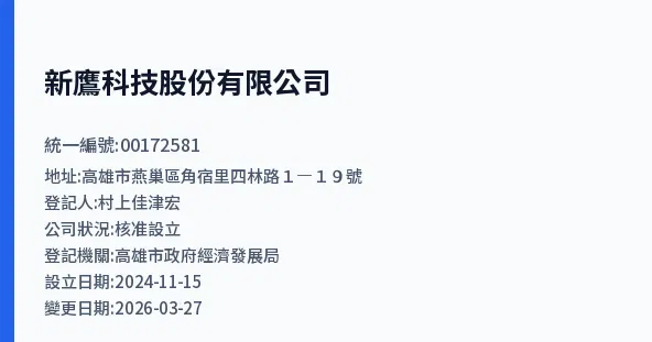 新鷹科技股份有限公司的照片-統編 00172581(高雄市) 公司登記資料與營業項目詳細圖表