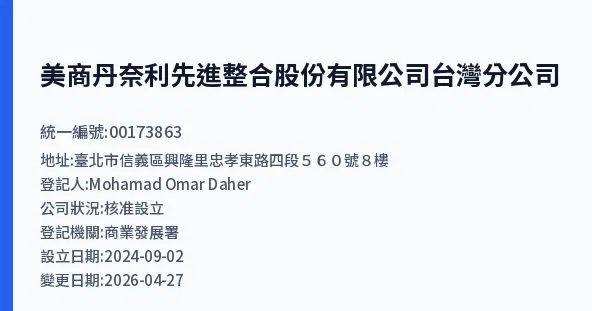美商丹奈利先進整合股份有限公司台灣分公司的照片-統編 00173863(臺北市) 公司登記資料與營業項目詳細圖表