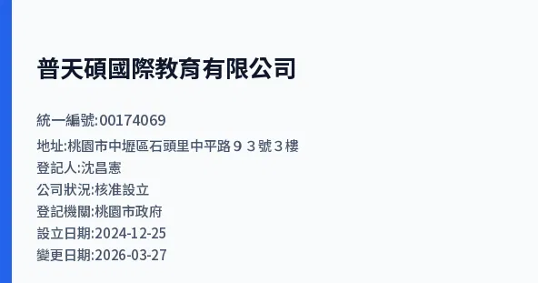 普天碩國際教育有限公司的照片-統編 00174069(桃園市) 公司登記資料與營業項目詳細圖表