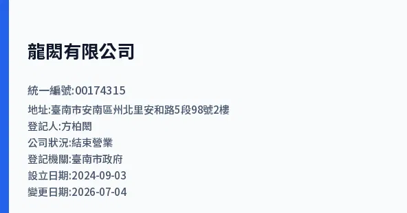 龍閎有限公司的照片-統編 00174315(臺南市) 公司登記資料與營業項目詳細圖表