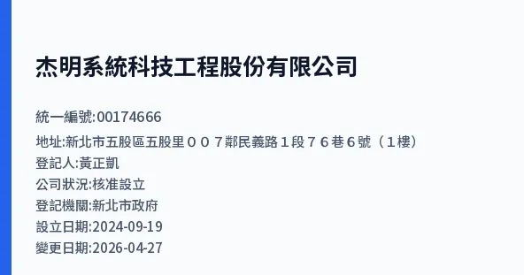 杰明系統科技工程股份有限公司的照片-統編 00174666(新北市) 公司登記資料與營業項目詳細圖表