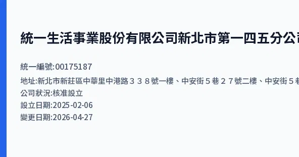 統一生活事業股份有限公司新北市第一四五分公司的照片-統編 00175187(新北市) 公司登記資料與營業項目詳細圖表