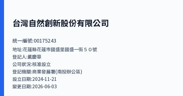 台灣自然創新股份有限公司的照片-統編 00175243(花蓮縣) 公司登記資料與營業項目詳細圖表