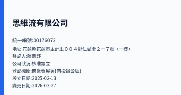 思維流有限公司的照片-統編 00176073(花蓮縣) 公司登記資料與營業項目詳細圖表