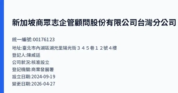 新加坡商眾志企管顧問股份有限公司台灣分公司的照片-統編 00176123(臺北市) 公司登記資料與營業項目詳細圖表
