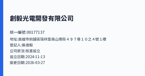 創毅光電開發有限公司的照片-統編 00177137(高雄市) 公司登記資料與營業項目詳細圖表
