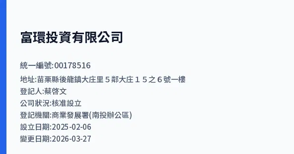 富環投資有限公司的照片-統編 00178516(苗栗縣) 公司登記資料與營業項目詳細圖表