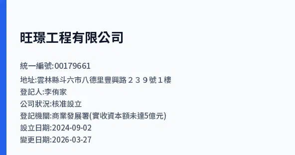 旺璟工程有限公司的照片-統編 00179661(雲林縣) 公司登記資料與營業項目詳細圖表