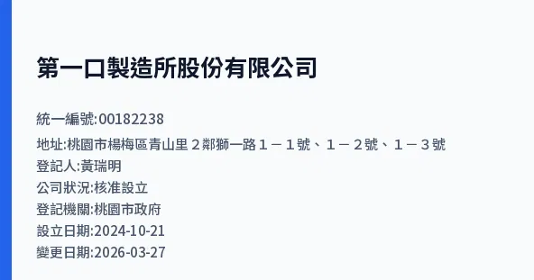 第一口製造所股份有限公司的照片-統編 00182238(桃園市) 公司登記資料與營業項目詳細圖表