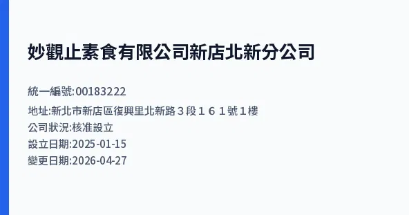 妙觀止素食有限公司新店北新分公司的照片-統編 00183222(新北市) 公司登記資料與營業項目詳細圖表