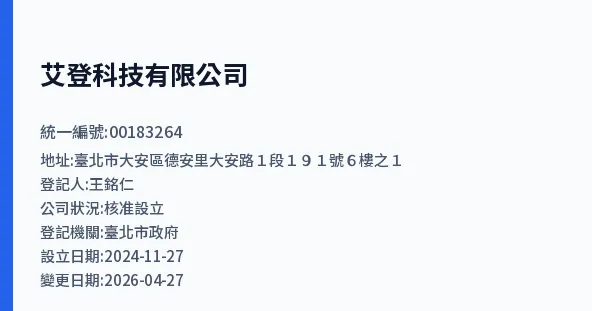 艾登科技有限公司的照片-統編 00183264(臺北市) 公司登記資料與營業項目詳細圖表
