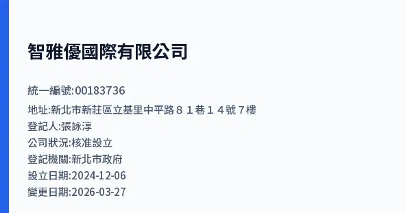 智雅優國際有限公司的照片-統編 00183736(新北市) 公司登記資料與營業項目詳細圖表