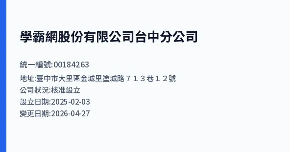 學霸網股份有限公司台中分公司的照片-統編 00184263(臺中市) 公司登記資料與營業項目詳細圖表