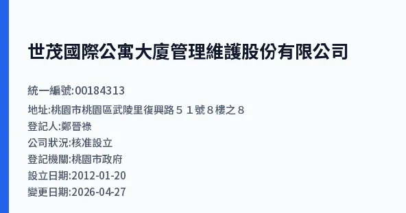 世茂國際公寓大廈管理維護股份有限公司的照片-統編 00184313(桃園市) 公司登記資料與營業項目詳細圖表