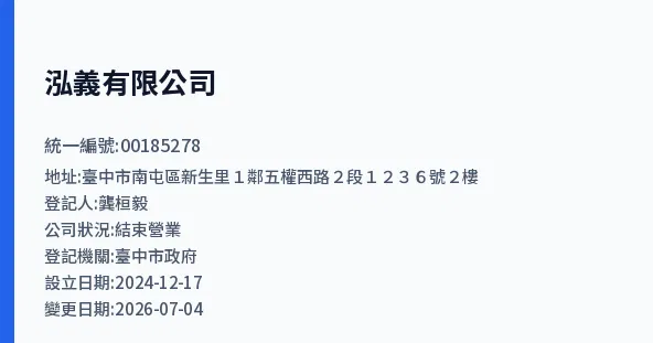 泓義有限公司的照片-統編 00185278(臺中市) 公司登記資料與營業項目詳細圖表