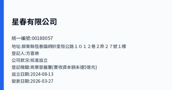 星春有限公司的照片-統編 00188057(屏東縣) 公司登記資料與營業項目詳細圖表