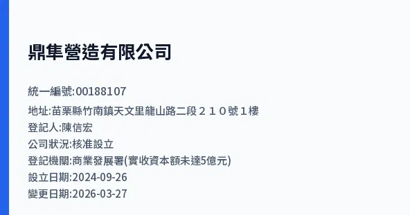 鼎隼營造有限公司的照片-統編 00188107(苗栗縣) 公司登記資料與營業項目詳細圖表
