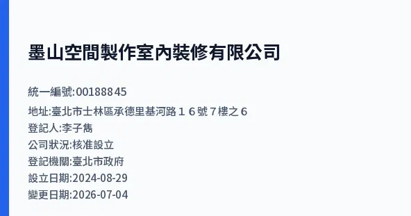 墨山空間製作室內裝修有限公司的照片-統編 00188845(臺北市) 公司登記資料與營業項目詳細圖表