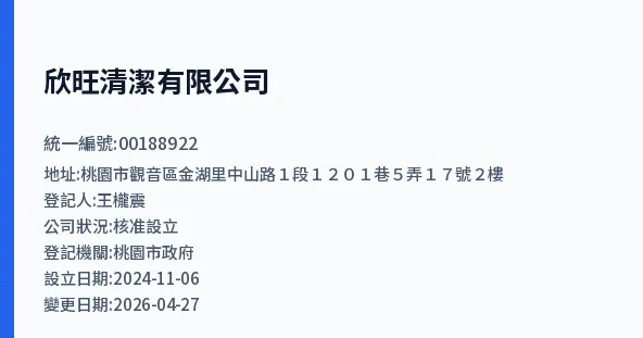 欣旺清潔有限公司的照片-統編 00188922(桃園市) 公司登記資料與營業項目詳細圖表