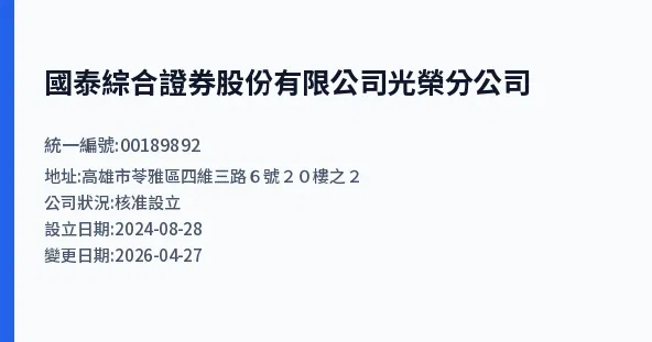 國泰綜合證券股份有限公司光榮分公司的照片-統編 00189892(高雄市) 公司登記資料與營業項目詳細圖表