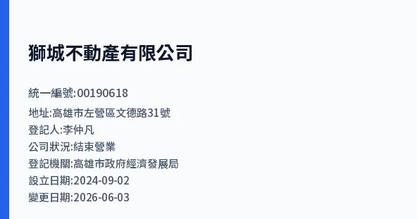 獅城不動產有限公司的照片-統編 00190618(高雄市) 公司登記資料與營業項目詳細圖表