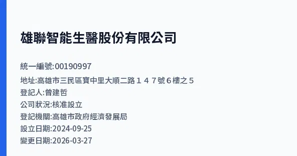 雄聯智能生醫股份有限公司的照片-統編 00190997(高雄市) 公司登記資料與營業項目詳細圖表