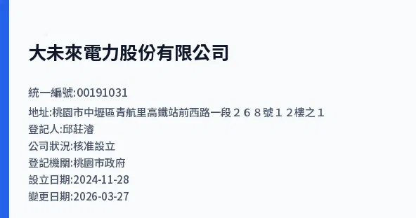 大未來電力股份有限公司的照片-統編 00191031(桃園市) 公司登記資料與營業項目詳細圖表