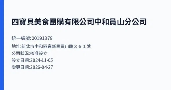 四寶貝美食團購有限公司中和員山分公司的照片-統編 00191378(新北市) 公司登記資料與營業項目詳細圖表