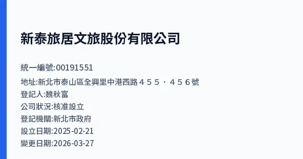 新泰旅居文旅股份有限公司的照片-統編 00191551(新北市) 公司登記資料與營業項目詳細圖表