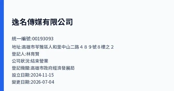 逸名傳媒有限公司的照片-統編 00193093(高雄市) 公司登記資料與營業項目詳細圖表