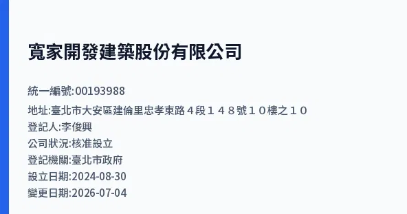 寬家開發建築股份有限公司的照片-統編 00193988(臺北市) 公司登記資料與營業項目詳細圖表