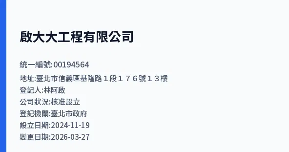 啟大大工程有限公司的照片-統編 00194564(臺北市) 公司登記資料與營業項目詳細圖表
