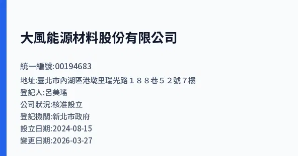 大風能源材料股份有限公司的照片-統編 00194683(臺北市) 公司登記資料與營業項目詳細圖表