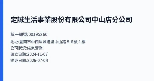 定誠生活事業股份有限公司中山店分公司的照片-統編 00195260(臺南市) 公司登記資料與營業項目詳細圖表