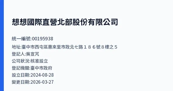 想想國際直營北部股份有限公司的照片-統編 00195938(臺中市) 公司登記資料與營業項目詳細圖表
