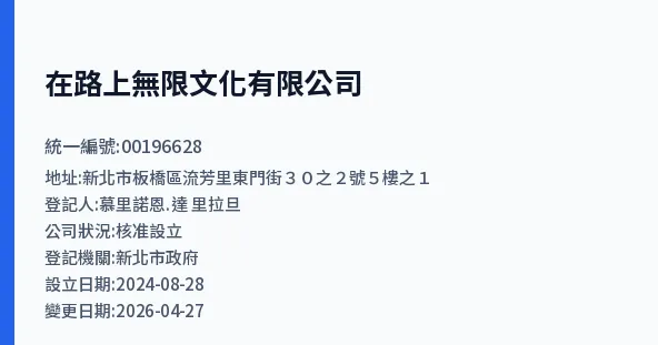 在路上無限文化有限公司的照片-統編 00196628(新北市) 公司登記資料與營業項目詳細圖表