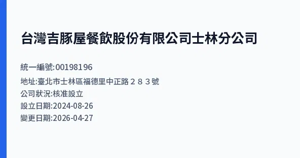 台灣吉豚屋餐飲股份有限公司士林分公司的照片-統編 00198196(臺北市) 公司登記資料與營業項目詳細圖表