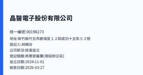 晶醫電子股份有限公司的照片-統編 00198273(新竹縣) 公司登記資料與營業項目詳細圖表