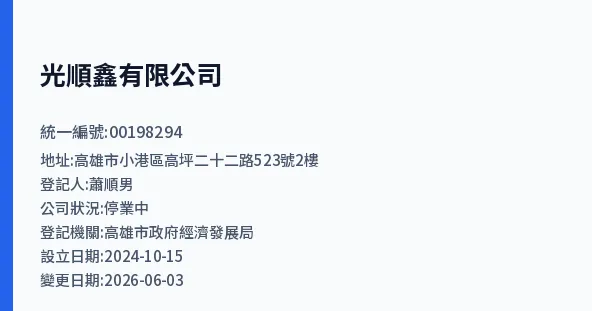 光順鑫有限公司的照片-統編 00198294(高雄市) 公司登記資料與營業項目詳細圖表