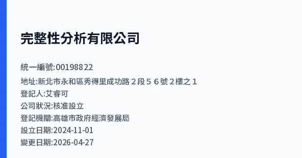 完整性分析有限公司的照片-統編 00198822(新北市) 公司登記資料與營業項目詳細圖表