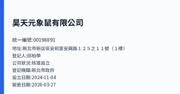 昊天元象鼠有限公司的照片-統編 00198891(新北市) 公司登記資料與營業項目詳細圖表