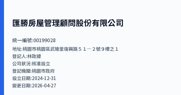 匯勝房屋管理顧問股份有限公司的照片-統編 00199028(桃園市) 公司登記資料與營業項目詳細圖表