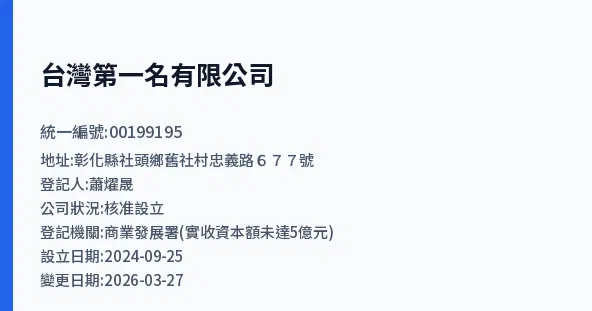 台灣第一名有限公司的照片-統編 00199195(彰化縣) 公司登記資料與營業項目詳細圖表