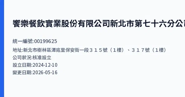 饗樂餐飲實業股份有限公司新北市第七十六分公司的照片-統編 00199625(新北市) 公司登記資料與營業項目詳細圖表