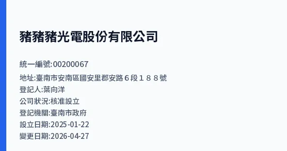 豬豬豬光電股份有限公司的照片-統編 00200067(臺南市) 公司登記資料與營業項目詳細圖表