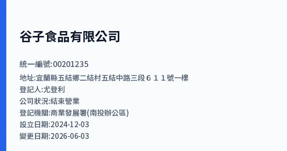 谷子食品有限公司的照片-統編 00201235(宜蘭縣) 公司登記資料與營業項目詳細圖表